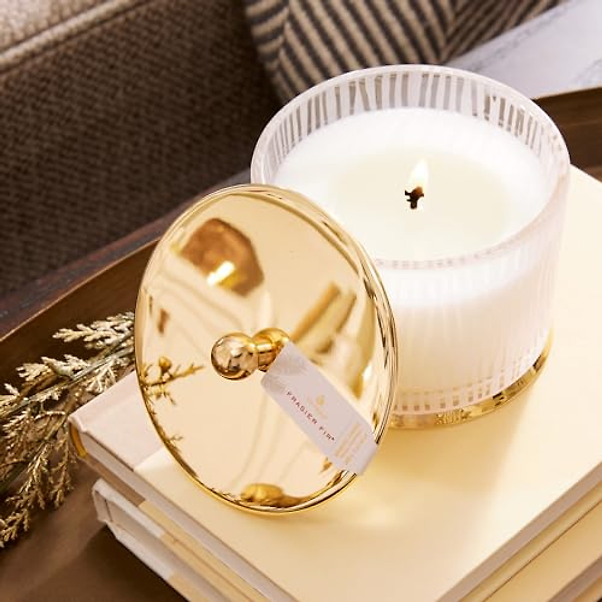 Thymes Frasier Fir Candle - Gilded Frosted Wood Grain Jar Candle - Scented Candle with a Luxury Home Fragrance - Elegant Holiday Candle - Gold Candle Lid and Gilded Gold Base (Medium, 9 oz)
