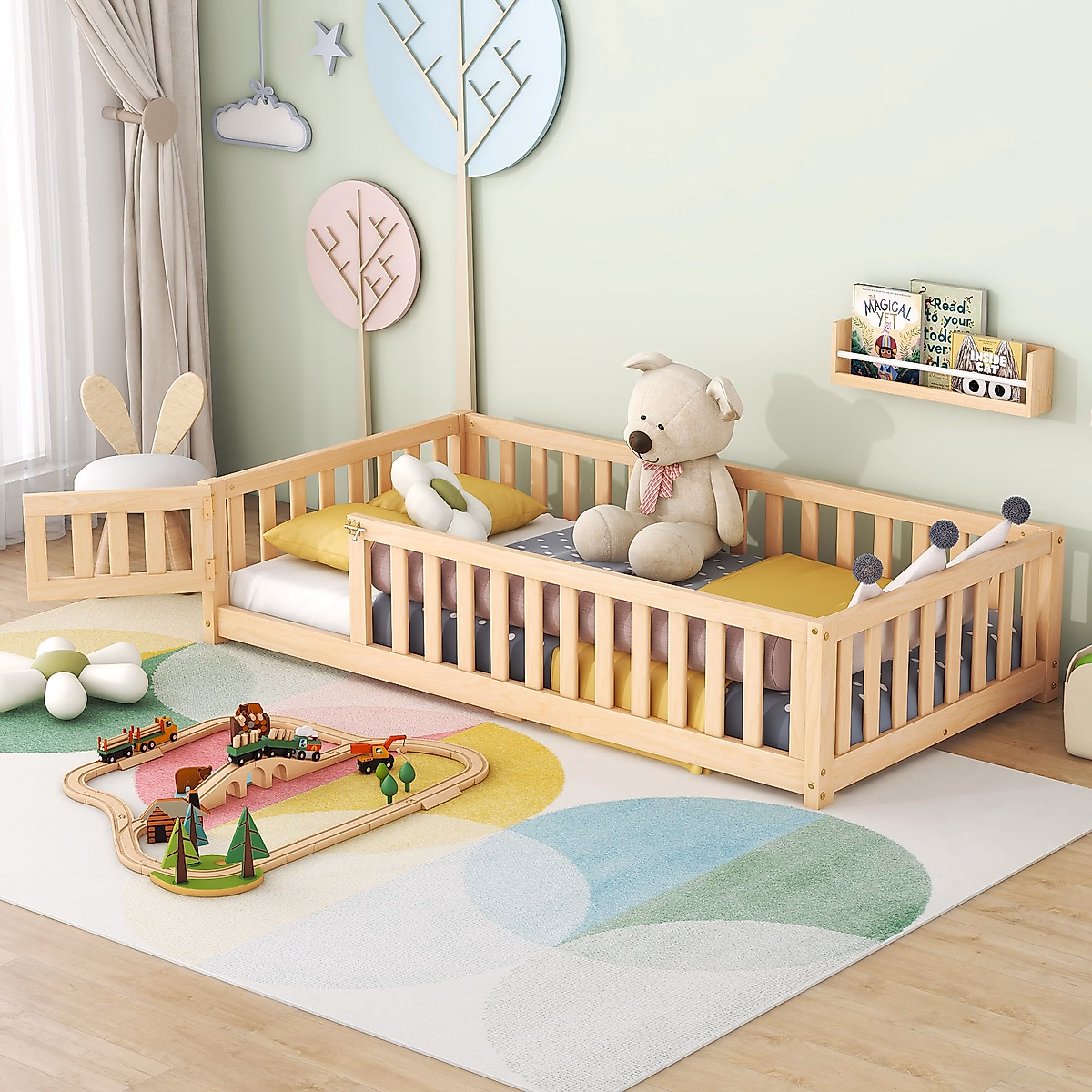 Harper & Bright Designs Twin Size Floor Bed Frame, Wooden Twin Montessori Floor Bed with Rails, Door and Support Slats, Kids Twin Size Bed Frame for Boys & Girls, Natural