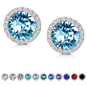 KesaPlan Sterling Silver Crystals Stud Earrings for Women, Made of Austria Crystals, Round-Cut Rhinestone Halo Bridal Earring Hypoallergenic Blue