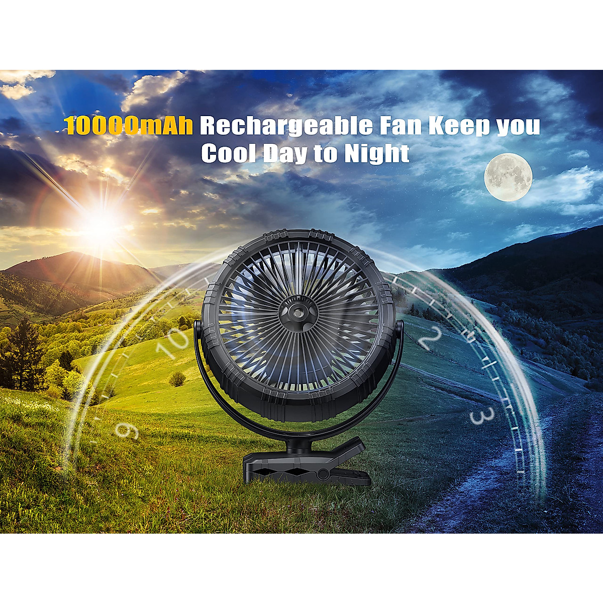 10000mAh Clip on Fan with Misting, Battery Operated Fan with Strong Clamp & Hook, 3 Timer and 2 Spray Way Rechargeable Outdoor Fan, Mister Fan Cooling for Travel Golf Cart Truck Boat Canopy Patio