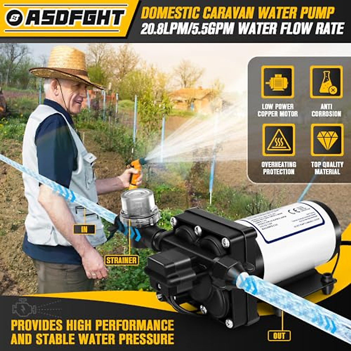 33-Series Water Pressure Diaphragm Pump 110V AC 5.5GPM 70PSI RV Fresh Water Pump with Pressure Switch for Kitchen Bathroom RV Yacht Lawn Garden