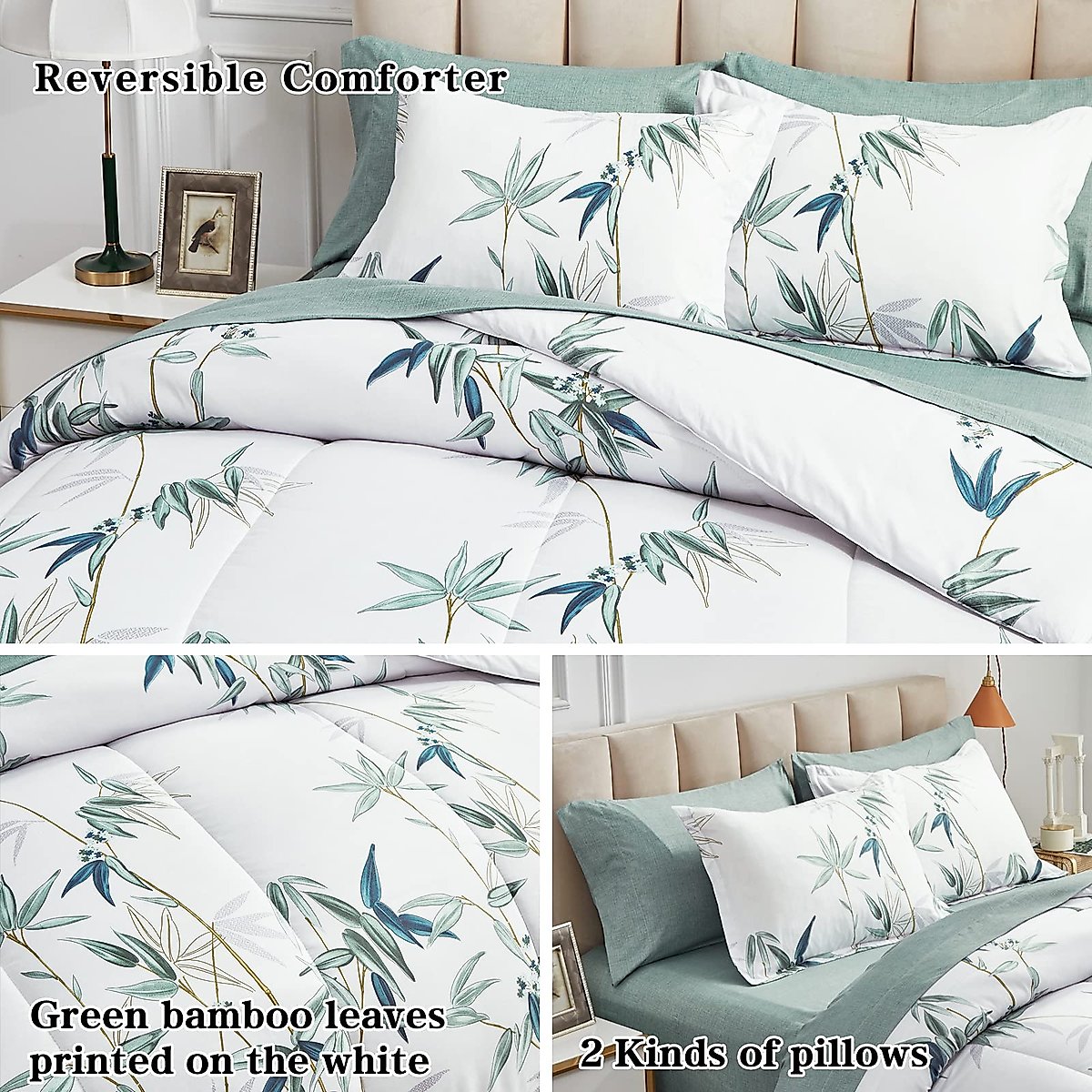 7 Pieces Bed in a Bag Queen Comforter Set with Sheets, Green Leaves on White Botanical Design Bedding Sets for All Season (1 Comforter, 2 Pillow Shams, 1 Flat Sheet, 1 Fitted Sheet, 2 Pillowcases)