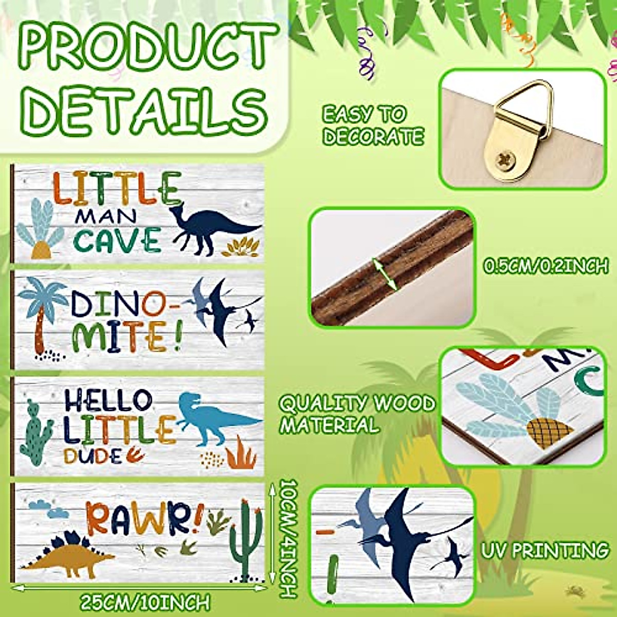 4 Pcs Dinosaur Room Bedroom Decor Boys Dinosaur Wall Decor, Motivational Quote Wood Dinosaur Decorations Hanging Sign Prints Plaques for Boy Kids Nursery Playroom (Simple Style)