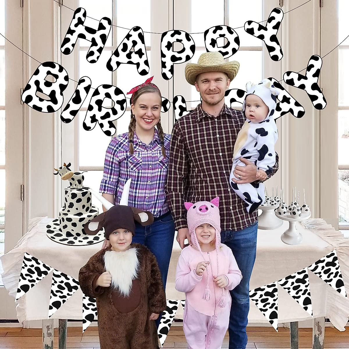 JOYMEMO Cow Happy Birthday Bunting Banner with Cow Print Pennant Banner, Farm Cow Print Birthday Party Supplies, Barnyard Western Cowboy Cowgirl 1st 2nd 3rd Birthday Party Decor