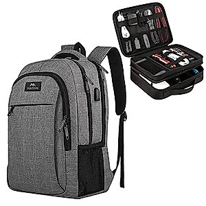 MATEIN Travel Laptop Backpack &Electronics Travel Organizer Bundle| Anti Theft Durable Laptops Backpack School Computer Bag &Waterproof Electronic Accessories Case Double Layer Cable Storage Bag