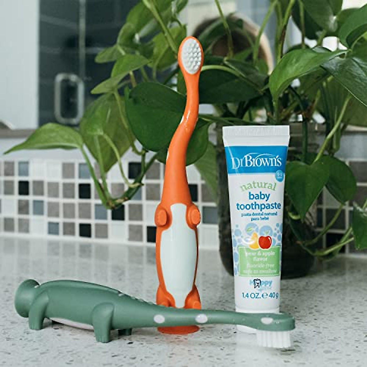 Dr. Brown's Baby and Toddler Toothbrush, Green and Orange Dinosaur 2-Pack, 1-4 Years