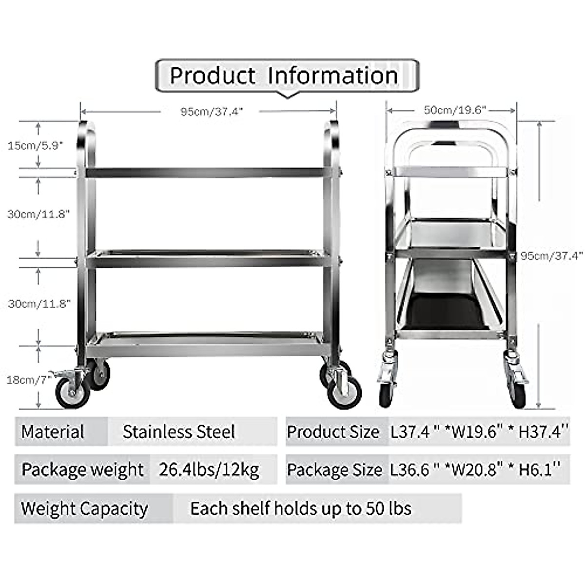 Marada 3 Tier Stainless Steel Utility Cart with Locking Wheels Shelf Kitchen Cart Trolley 37'' L x 19'' W x 37''H Utility Rolling Serving Catering Storage for Kitchen Restaurant Hotels