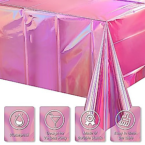 4 Pack Iridescent Pink Plastic Tablecloths, Shiny Disposable Laser Rectangle Table Covers, Holographic Foil Tablecloth Iridescent Party Decorations for Birthday Bridal Wedding Christmas, 54 x 108 Inch
