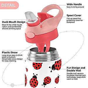 Kigai Ladybug Kids Water Bottle,Insulated Stainless Steel Reusable Metal Thermos Bottles, Leak-Proof Straw Lid, BPA-Free, For Boys,Girls