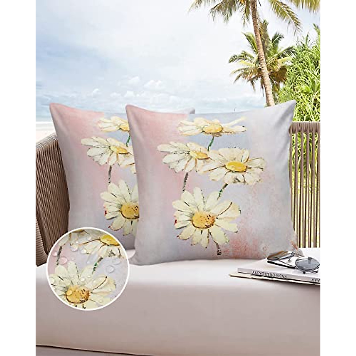 Outdoor Waterproof Throw Pillow Covers Daisy Flower Lumbar Pillowcases Oil Painting Abstract Decorative Outdoor Pillows Cushion Case Patio Pillows for Sofa Couch Bed Garden 16 x 16 Inches