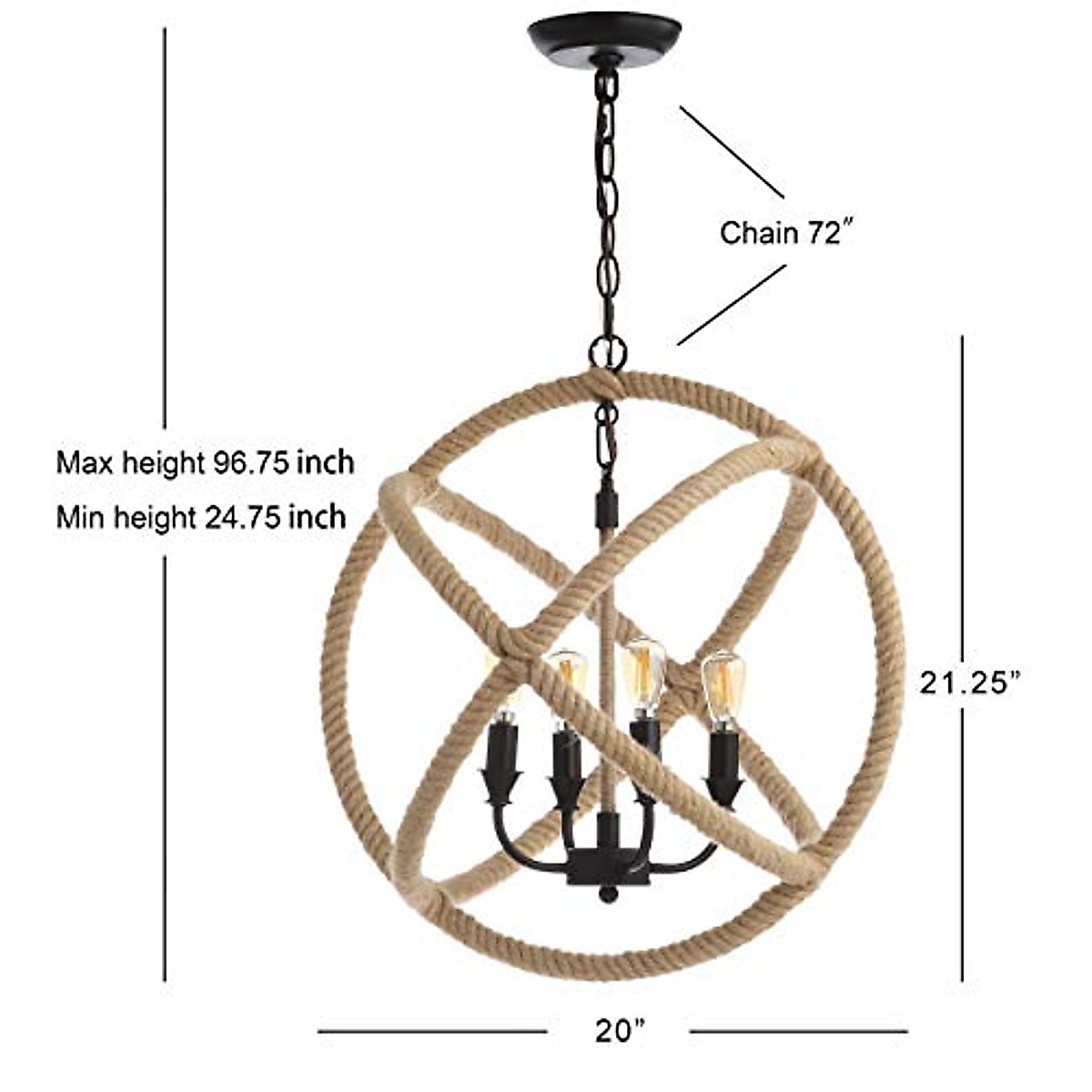 JONATHAN Y JYL9041A Soka 4-Light 20" Adjustable Globe Metal/Rope LED Pendant, Farmhouse, Coastal, Bohemian, Cottage, Industrial, Rustic, Transitional, Dining Room, Kitchen, Foyer, Black/Brown