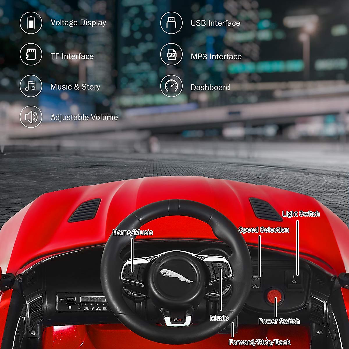 Costzon Ride on Car, 12V Licensed Jaguar F-Type SVR Battery Powered Kids' Electric Vehicles w/Remote Control, Front/Rear Lights, MP3/Music/3 Speeds/Spring Suspension, Kids Car for Toddler (Dark Red)