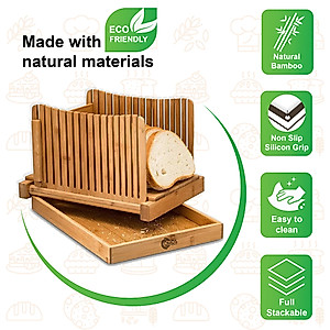 OMDS Luxury Bamboo Bread Slicer with Knife - 3 Slice Thickness, Foldable Compact Cutting Guide with Crumb Tray, Stainless Steel Bread Knife for Homemade Bread, Cake