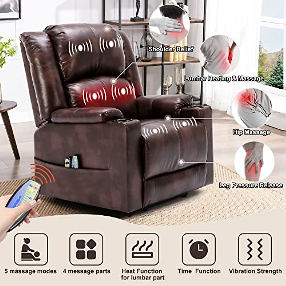 COMHOMA Power Lift Recliner Chairs for Elderly Big Heated Massage Recliner Sofa PU Leather with Infinite Position 2 Side Pockets and Cup Holders (Brown)