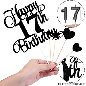 17th Birthday Cake Decorations Set Include 17th Birthday Candles Numeral 17 Cake Candles and Happy 17th Birthday Cake Toppers with Heart Star Cupcake Picks for Birthday Party (Black Series)