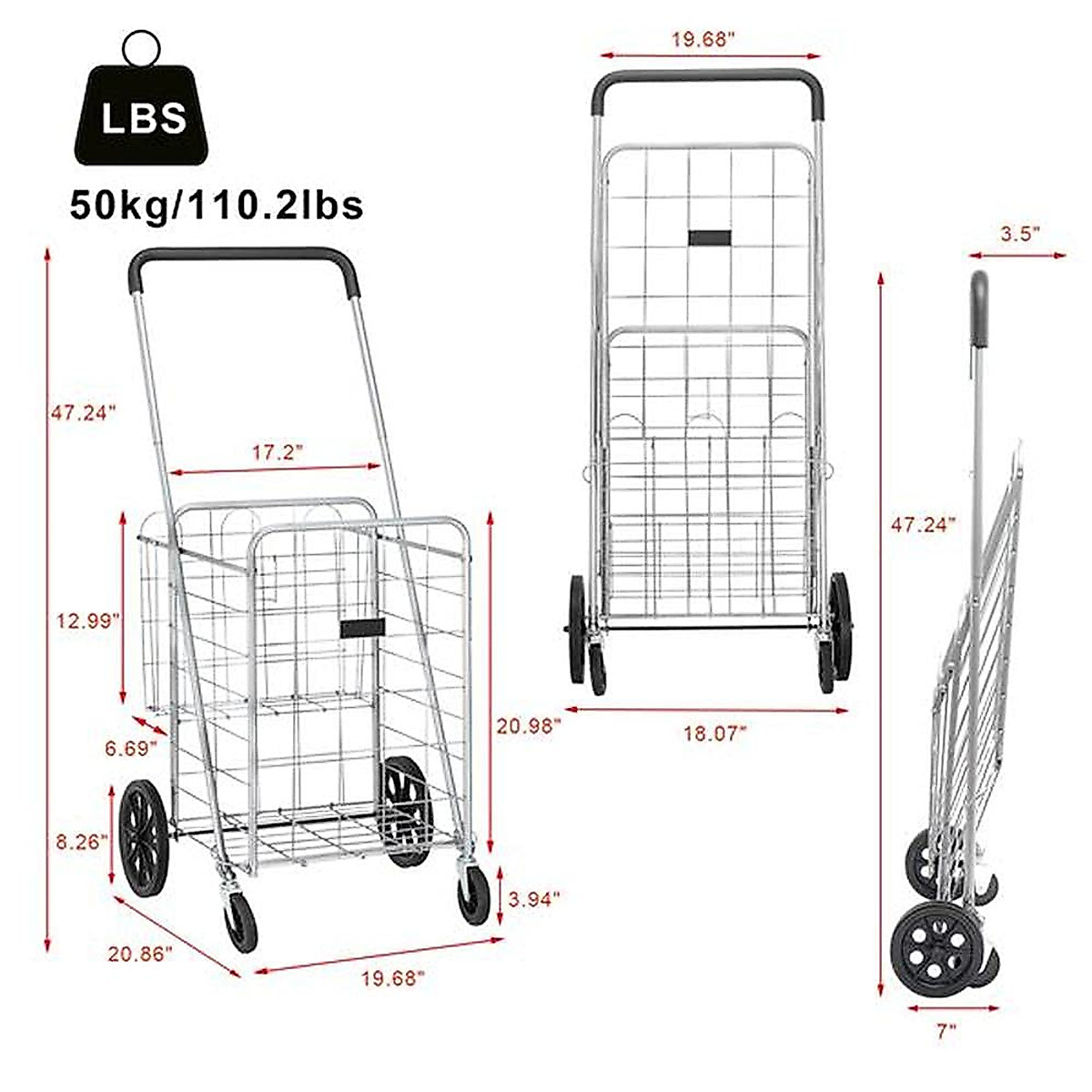 XYYSSM Iron 1200mm Telescopic Armrest 0.8mm 16# Round Tube 50kg Silver Foldable Shopping Cart, Shopping Cart with Dual Swivel Wheels for Groceries - Compact Folding Portable Cart Saves Space