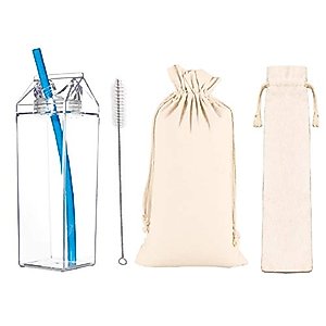 Heyworld 33 OZ Large Clear Milk Carton Water Bottle Creative Square Transparent Cup + Straw + Storage Bag