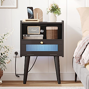 Irontar Nightstand with Charging Station, LED Bedside Table with Hinged Door & Open Storage Space, Modern End Table with Wooden Legs, Night Stand for Bedroom, Living Room, Black BZZ009BE