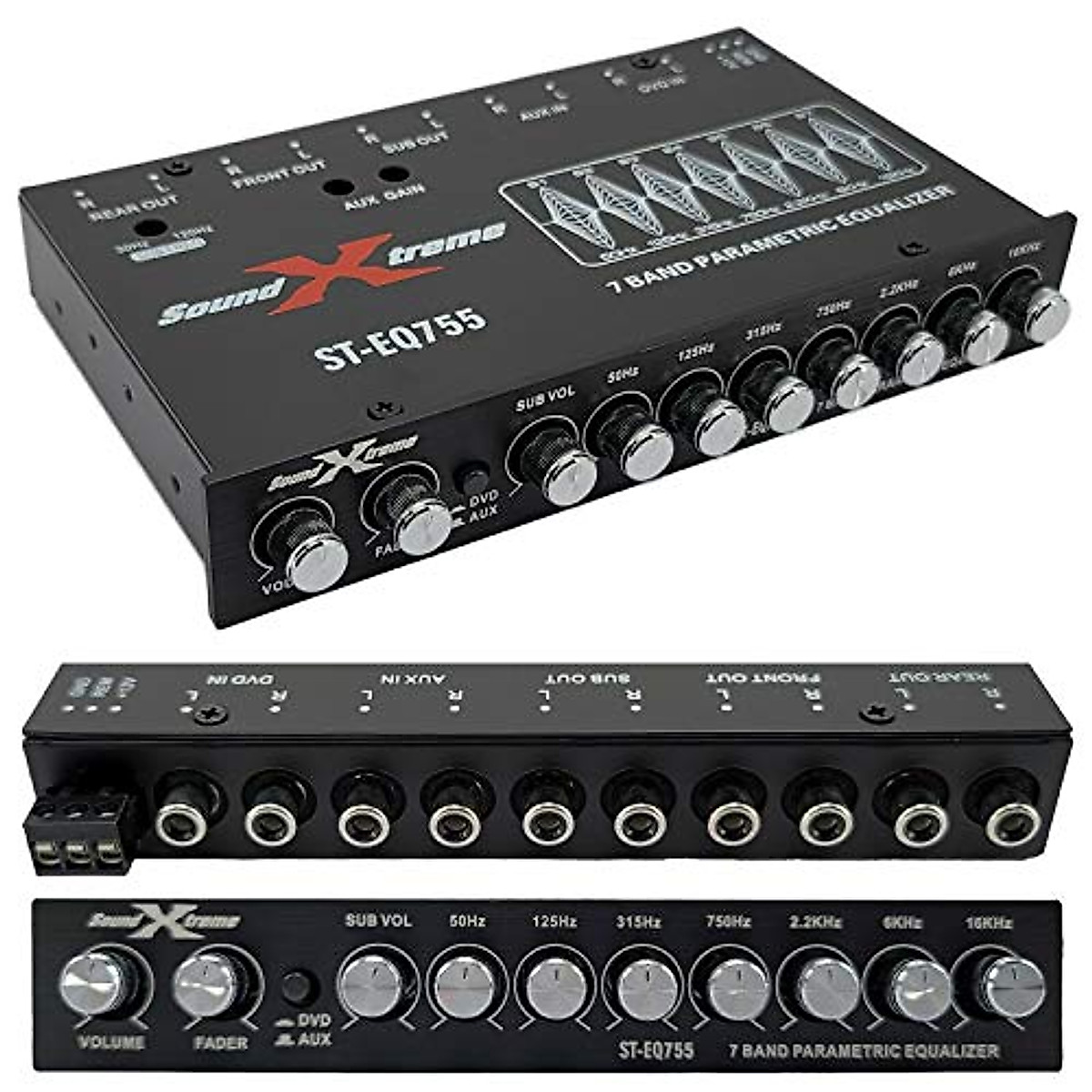 SoundXtreme ST-EQ755 1/2 Din 7 Band Car Audio Parametric Equalizer EQ with Front, Rear + Sub Output 8 Volt RMS Three Stereo RCA Output Built-in Input AUX / DVD Select Switch