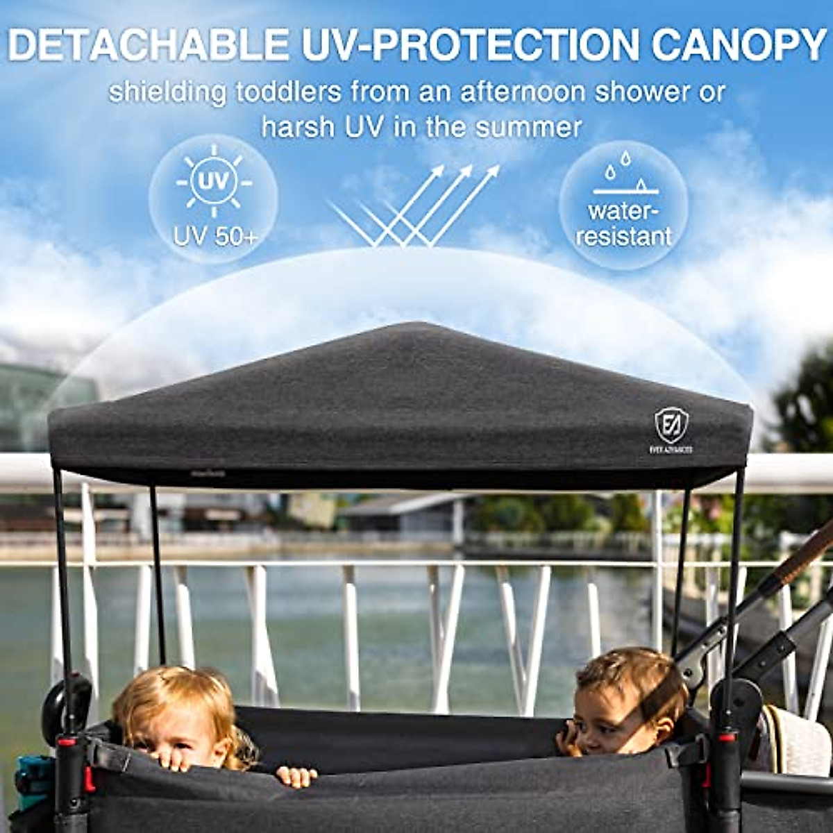 EVER ADVANCED Side-Unzip Wagon Stroller for 2 Kids, Push Pull Stroller with Adjustable Handle-Bar, Easy Access Front Zipper Door, 5-Point Harness Removable UV-Protection Canopy Shock-Absorbing Wheels