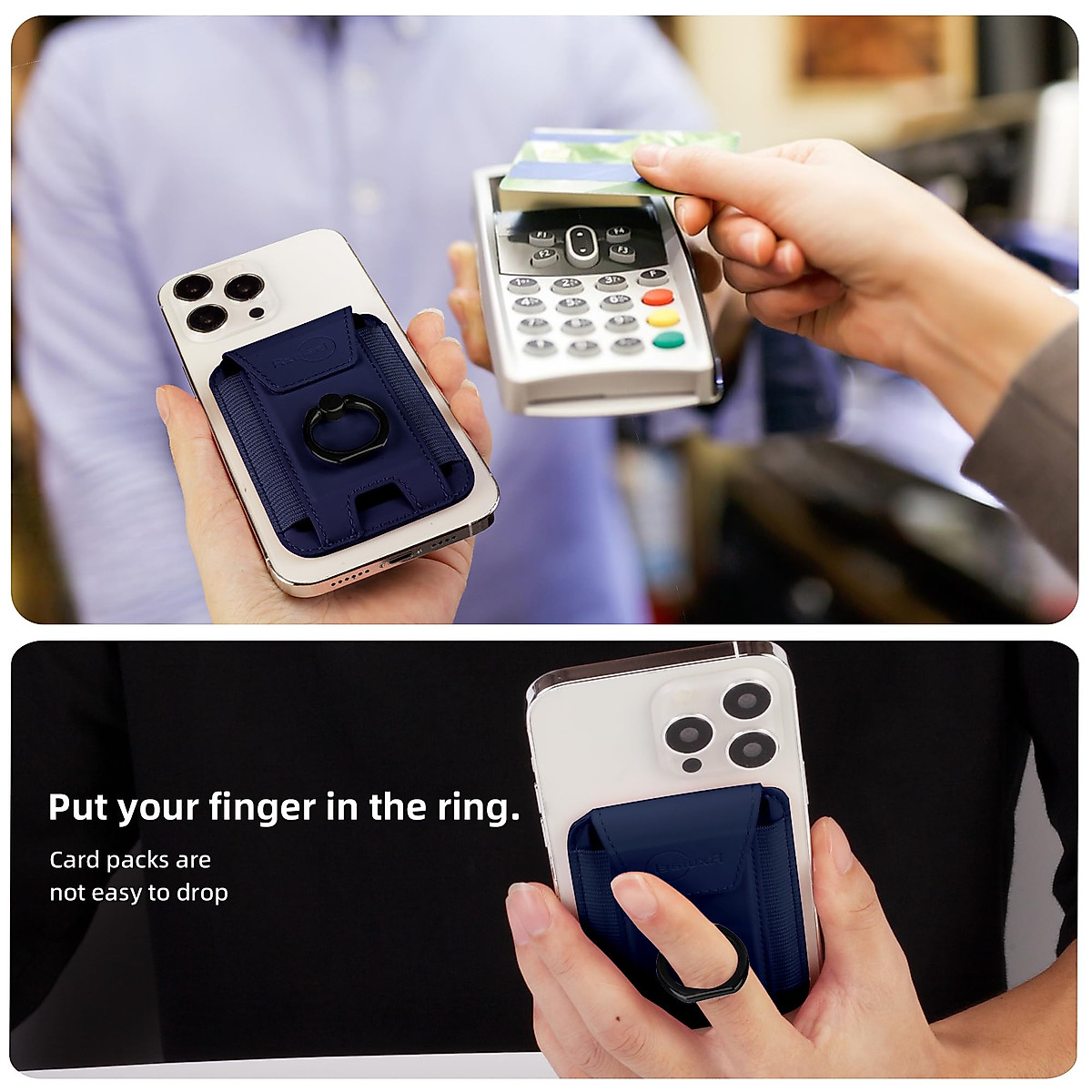 Rxuiael Stretchy MagSafe wallet for iphone 15/14/13/12 Series Leather Card Holder Magnetic Wallet for iPhone apple magsafe wallet with loop Stand & Magnetic Privacy Flap,Holds 6 Cards (Dark Blue)