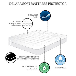 Delara 100% Waterproof 2 IN 1 Mattress Protector & Mattress Pad -Quilted Fitted Down Alternative Mattress Pad Cover, Waterproof Membrane, GOTS Certified Breathable Organic Cotton Shell 18" Deep Pocket