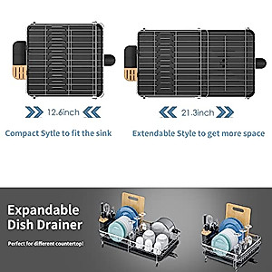 Dish Drying Rack, Dish Racks for Kitchen Counter, large dish drying rack with drainboard,dish drainers for kitchen counter, Anti-Rust Kitchen Drying Rack, Stainless steel expandable dish drying Rack