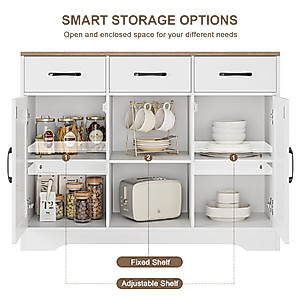 HOSTACK Modern Farmhouse Buffet Cabinet with Storage, Barn Doors Sideboard Buffet Storage Cabinet with Drawers and Shelves, Wood Coffee Bar Cabinet for Kitchen, Dining Room, Living Room, White