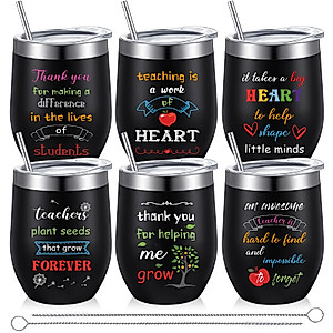 6 Pieces Teacher Gifts Teacher Tumbler Bulk 12oz Stainless Steel Teacher Wine Glass with Lids and Straws Teacher Appreciation, Birthday Gifts for Daycare, Preschool, Kindergarten Teacher