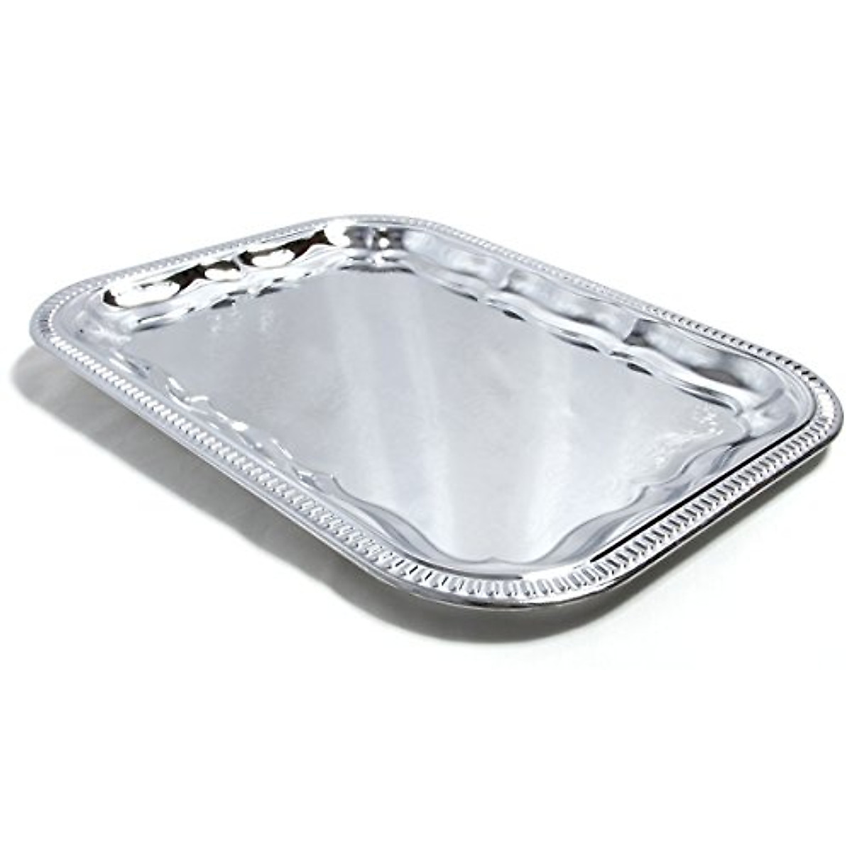 Maro Megastore (Pack of 4) 13.4-Inch x 10-Inch Oblong Rectangular Trim Victoria Flower Engraved Chrome Plated Serving Plate Mirror Tray Platter Tableware Candle Deco Art Holiday Party(Small) T227s-4pk