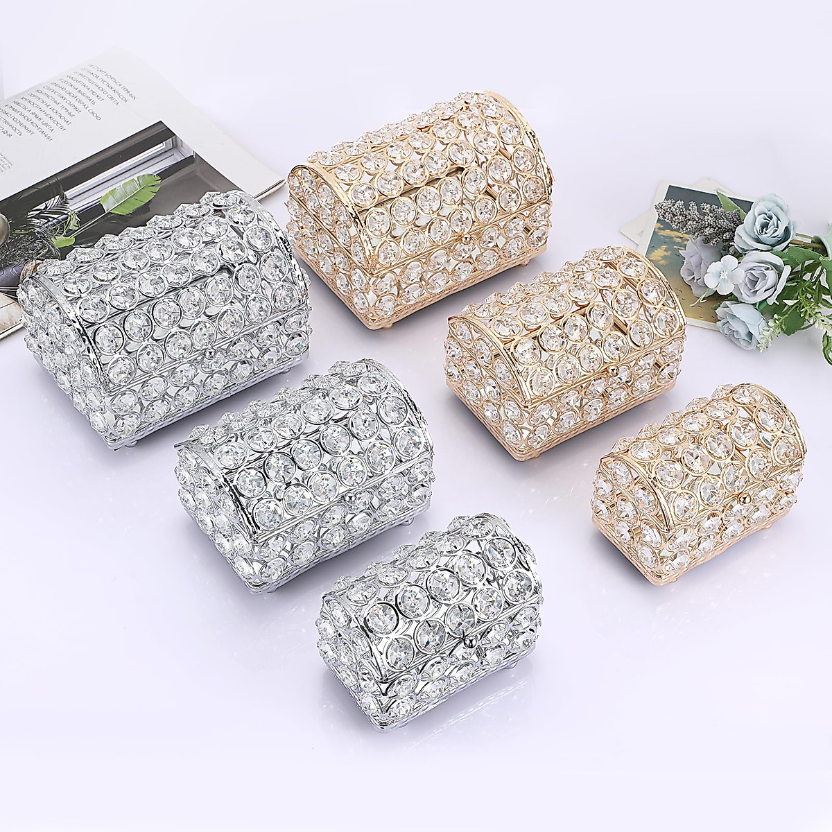 Hipiwe Crystal Jewelry Trinket Box Gold Mirrored Treasure Chest Box Small Keepsake Box Decorative Jewelry Display Case Organizer Earrings Rings Storage Box Gift for Women Girls