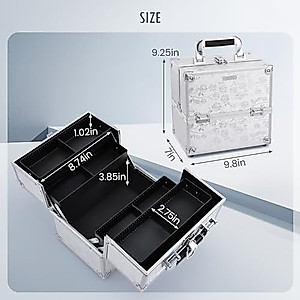 FRENESSA Makeup Train Case Portable Cosmetic Box Organizer 4 Trays Aluminum Makeup Case Storage with Divider Lockable for Makeup Artist, Crafter, Makeup Tools Elagant Silver Rose