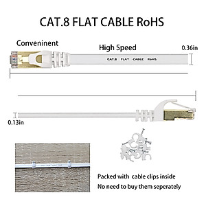 DEFACE Cat 8 Ethernet Cable 100 Ft White Flat 40Gbps High Speed Shielded RJ45 LAN Cable
