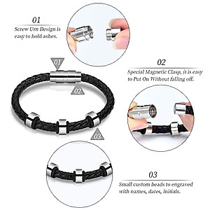 shajwo Cremation Bracelet for Ashes Jewelry for Women Men Genuine Leather Bangle Keepsake Memorial Urn Bracelet,Black 18cm