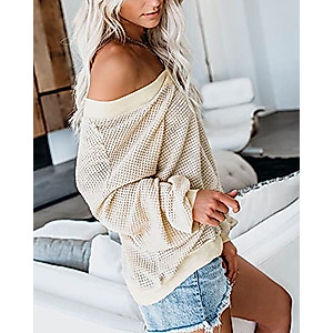Women's Casual V Neck Long Sleeve Waffle Knit Off Shoulder Top Loose Pullover Sweater Apricot Medium
