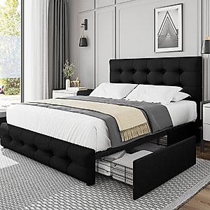 Full Size Bed Frame with 4 Storage Drawers and Adjustable Headboard, Upholstered Platform Bed with Button Tufted Design, Strong Wooden Slats Support, No Box Spring Needed, Black