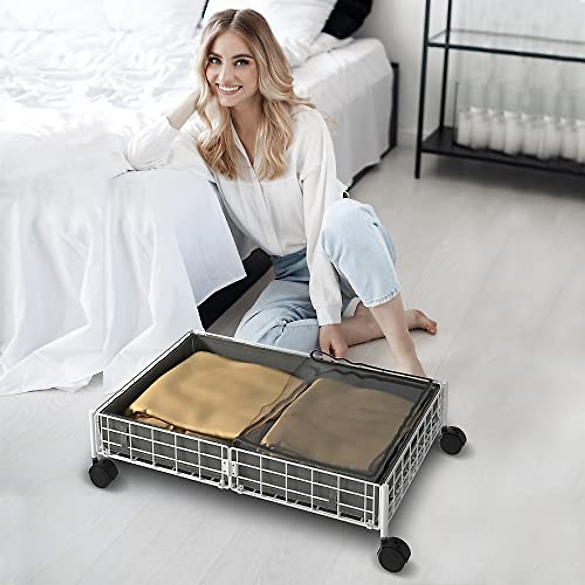 Under Bed Storage Containers With Wheels, Under Bed Storage With Wheels, Rolling Underbed Storage, With Bag-Under Bed Storage Containers, Under Bed Storage for Clothes, Shoes, Blankets, 2in1 (White)