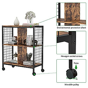 CCKO Bookshelf Storage,Movable Rack Srorage Shelf with Wheels,Nordic Wood Metal 3 Tier Shelving Unit,Open Bookcases for Living Room Bedroom Home Office (Wood)