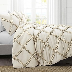 Lush Decor, King, Neutral Ruffle Diamond 3 Piece Comforter Set