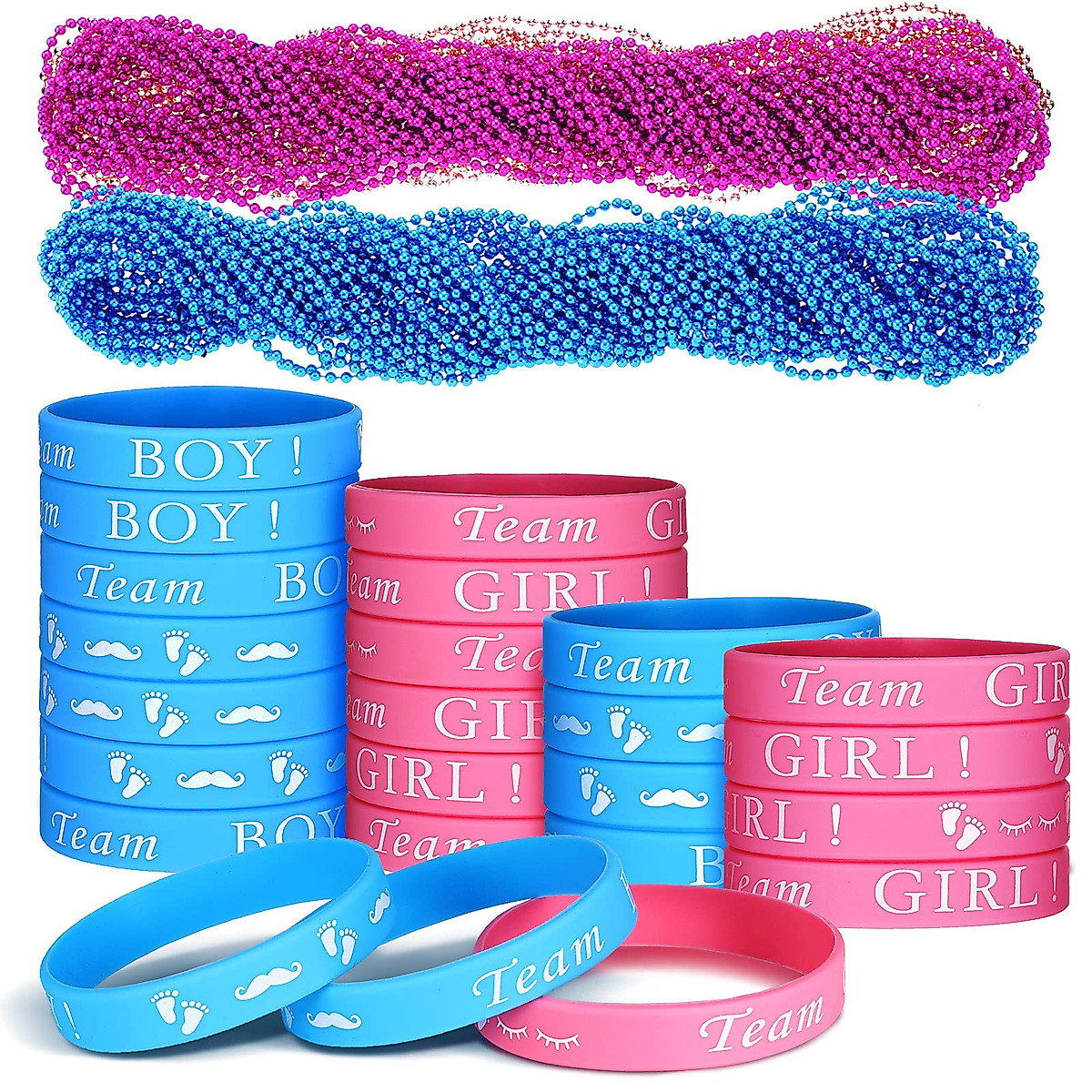 48 Gender Reveal Bracelets and Bead Necklaces Set Includes 24 Pieces Team Boy Team Girl Bracelet and 24 Pieces Bead Necklaces for Gender Reveal Party Supplies, Baby Shower, Pink and Blue