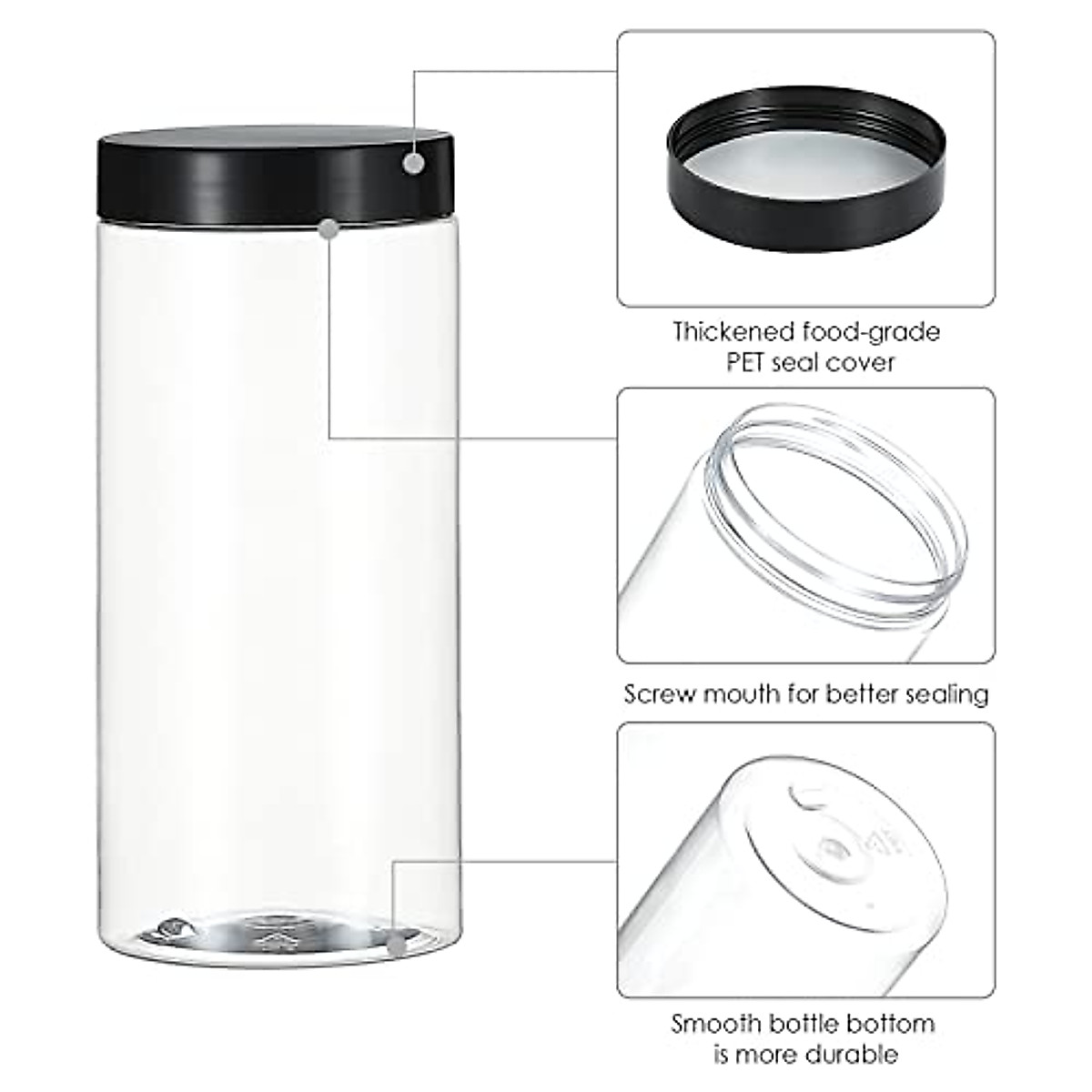 16oz Plastic Jar with Lids, 16Pcs Clear Empty Containers Straight Cylinders Storage Jars with Airtight Black Lid Stackable Refillable Round Plastic Jars for Body Butter, Kitchen Food & Home Storage