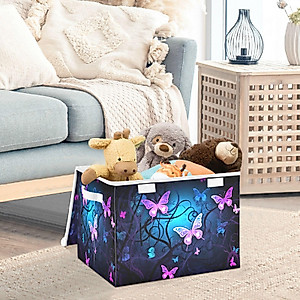 YETTASBIN Purple Blue Butterfly Storage Basket with Lid and Handles, Large Collapsible Fabric Storage Bins Durable Storage Organizer for Shelves, Closet, Bedroom, School, Office, Home Decor
