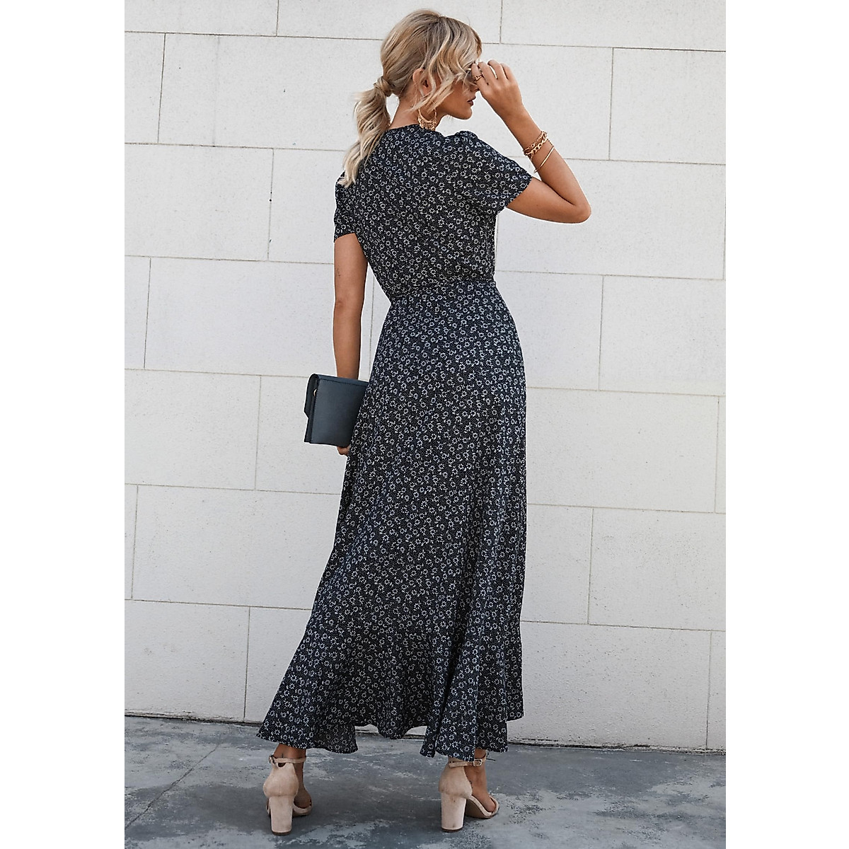 PRETTYGARDEN Women's Summer Wrap Maxi Dress Casual Boho Floral V Neck Short Sleeve Ruffle Hem Split Beach Long Dresses (Black,XX-Large)