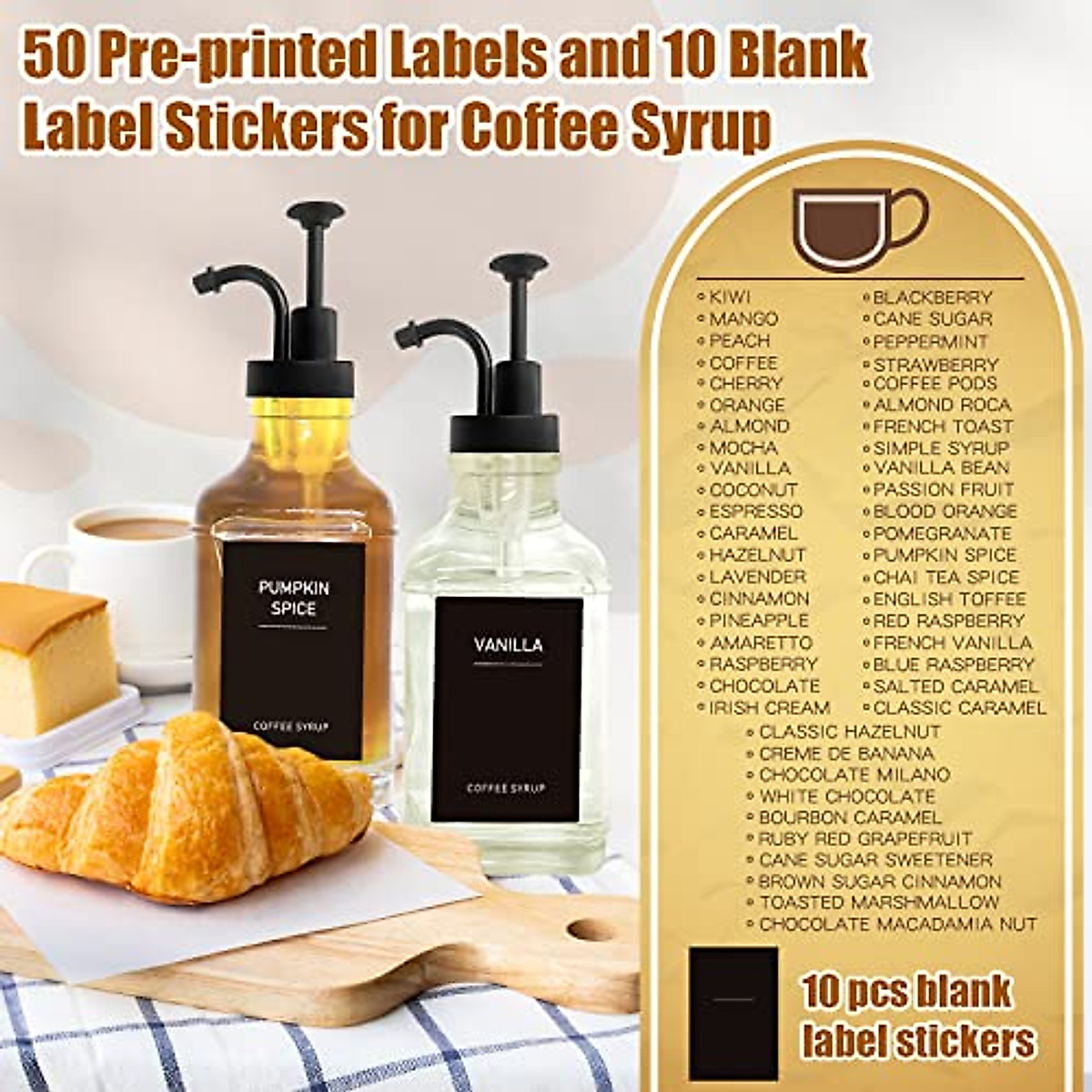 Odaverso 2 Pack 16.9OZ Square Coffee Syrup Dispenser for Bar with Labels & Black Matte Pump, Bottles Home Bar, BPA Free Durable Transparent Glass (ZFX-TJP-BLK)