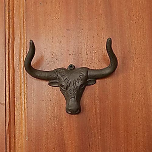 RCSTOONE Cow Head Double Hook Cast Iron Animal Theme Hanger Coat Hat Bathroom Hooks Heavy Duty Iron Art Antique Replica Home Decorative 1pc MT1