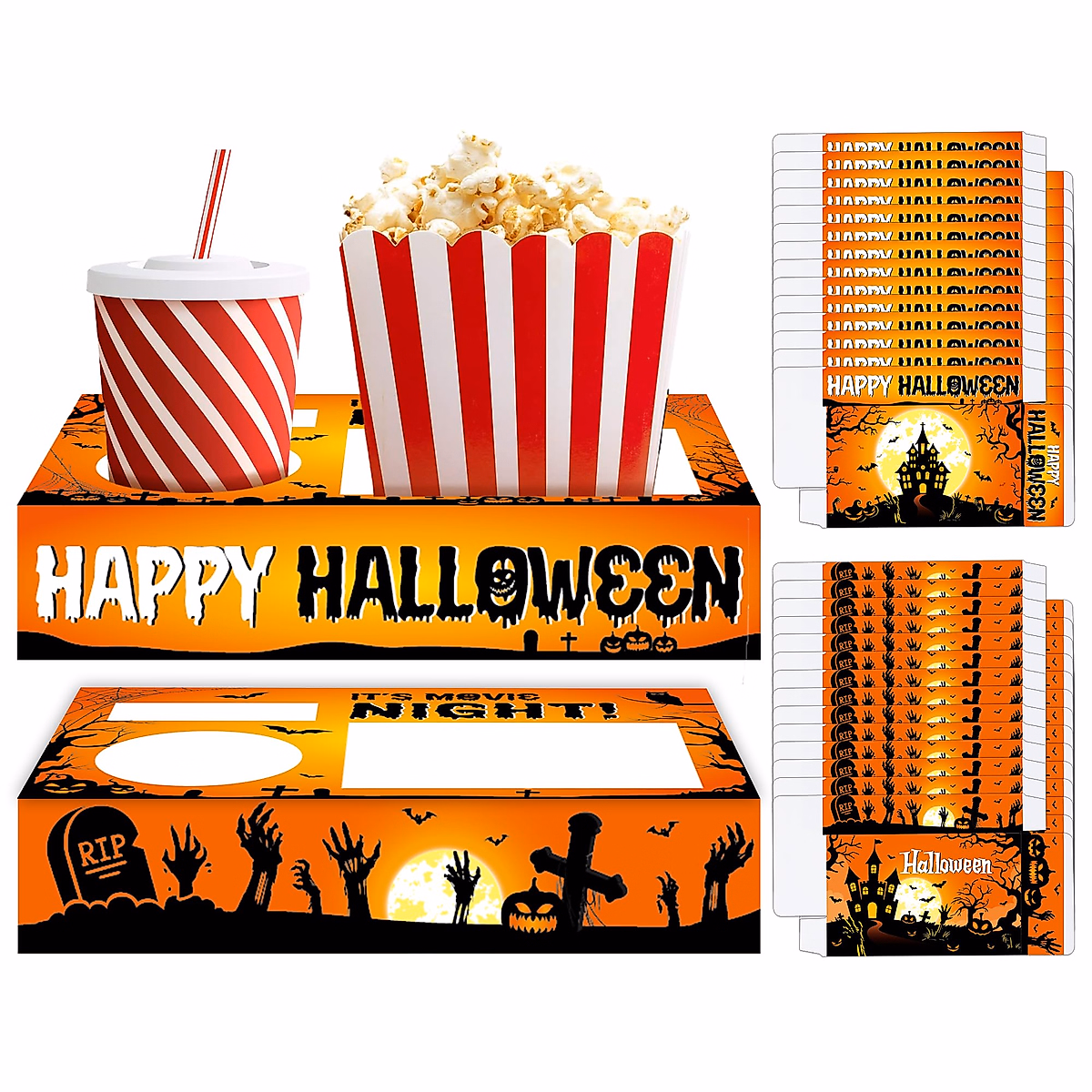 QOUBAI 32Pcs Halloween Party Supplies Movie Night Paper Snacks Boxes Halloween Movie Theater Snack Tray Party Decorations Movie Popcorn Drink Holder Set for Halloween Birthday Trick or Treat Party