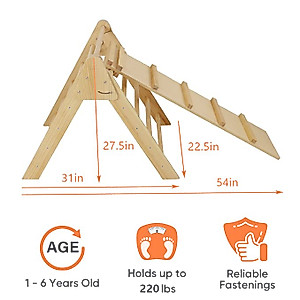 Avenlur Olive 3 in 1 Foldable Triangle Ladder and Slide - Montessori Climbing Set - Indoor Wood Climbing Gym for Children Ages 1 to 6 Years - Baby Climbing Triangle (Natural, Medium)