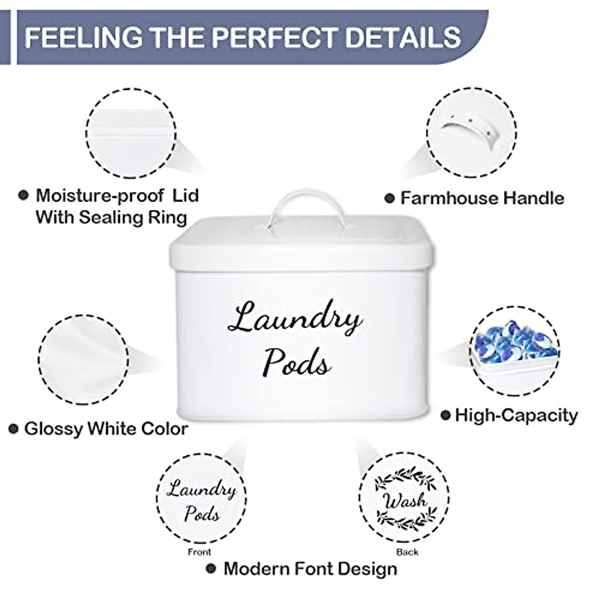 Metal Laundry Pods Dryer Sheet holder with Lid for Laundry Room Decor & Organization Accessories, Oppro Farmhouse Beads Container with Handle, Large Modern Storage Box(Holds 85 laundry pods)