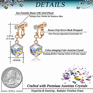 Cube Austrian Crystal Drop Clip On Dangle Earrings for Women Non Pierced 14K Rose Gold Plated Hypoallergenic Jewelry (Aurora Borealis)