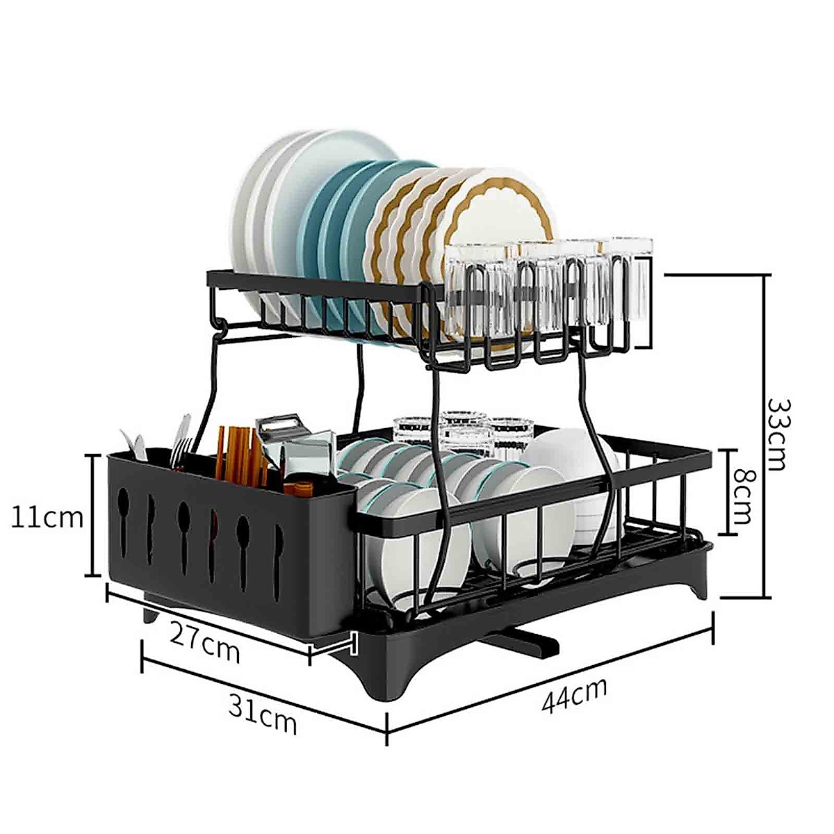 2 Tier Dish Drain Rack, with Retractable Drain Hose, Home Countertop Large Capacity Utensil Drying Rack, for Cup Dish Chopsticks Storage